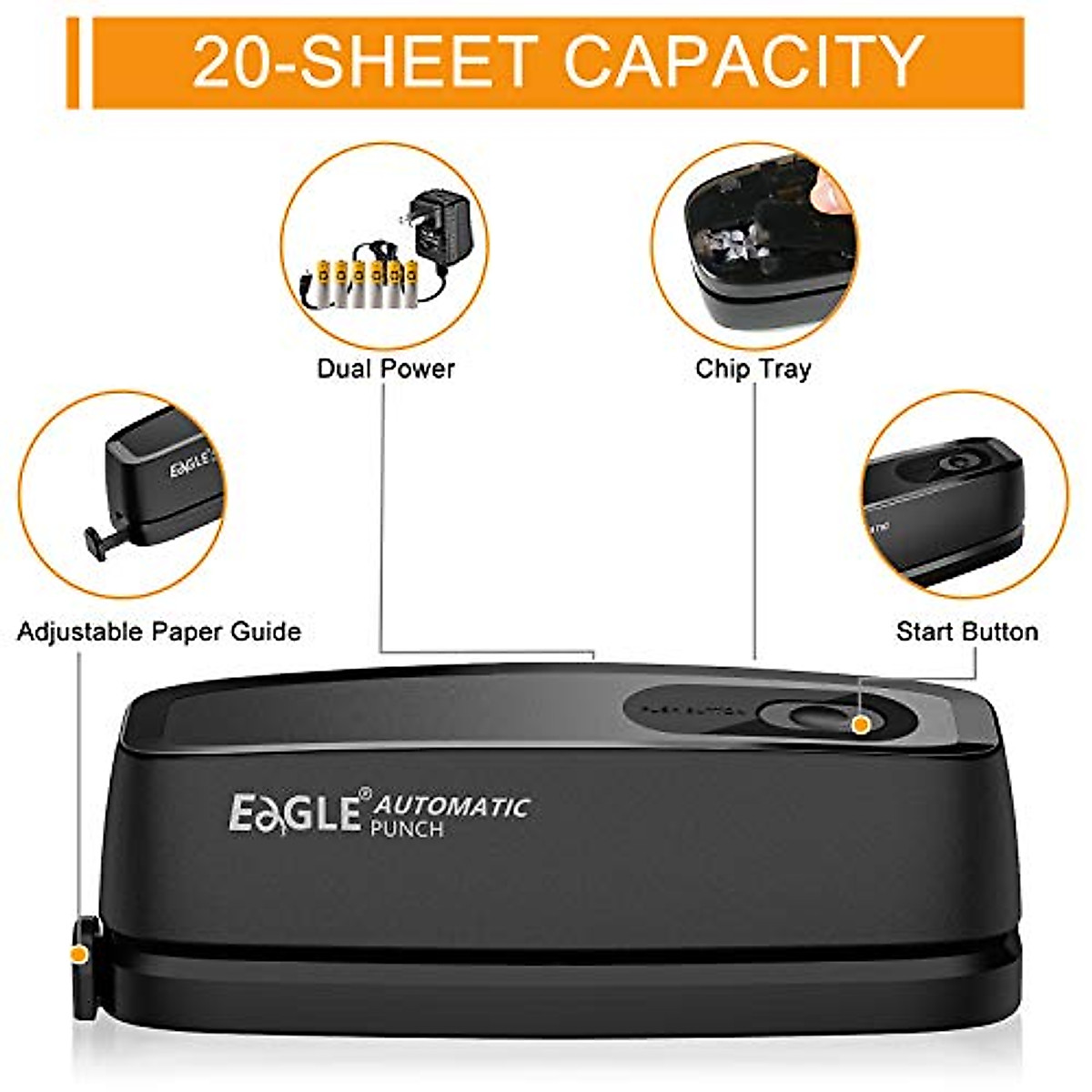 Electric Hole Punch, Eagle Desktop 3 Hole Puncher Force-Saving, 20-Sheet Capacity, AC or Battery Operated Paper Punch 3 Ring, Effortless Hole Puncher for Paper, Home and Office Supplies, Black