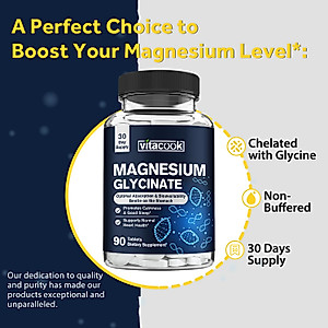 Vitacook Magnesium Glycinate 300 mg, Natural Calmness, Healthy Mood & Heart Support, Non Buffered, Non-GMO, High Potency and Ultra-Absorbable, 90 Tablets