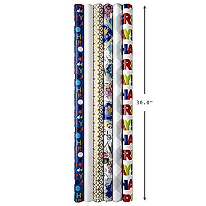 Hallmark All Occasion Wrapping Paper with Cut Lines on Reverse (6 Rolls: 180 sq ft ttl) Happy Birthday, Polka Dots, Blue Flowers for Birthdays, Mothers Day, Weddings, Graduations, Bridal Showers