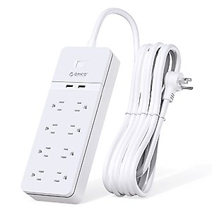 Power Strip Surge Protector, ORICO 25FT Extension Cord with USB Ports, 8 Outlet & 2 USB Flat Plug Power Strip, 15A Circuit Breaker(1850W/15A), Wall Mount for Home, Office, Hotel, ETL Listed-White
