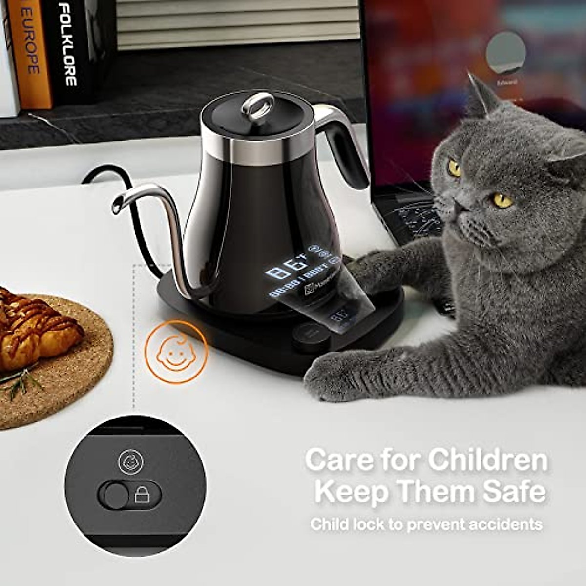 Maestri House 8-In-1 Gooseneck Electric Kettle with ±1°F Temperature Control, 90° Steady Water Flow, 1200W Quick Heating, Keep Warm, LCD Display, Child Lock, Timer, Strix Thermostat 0.95L (Black)
