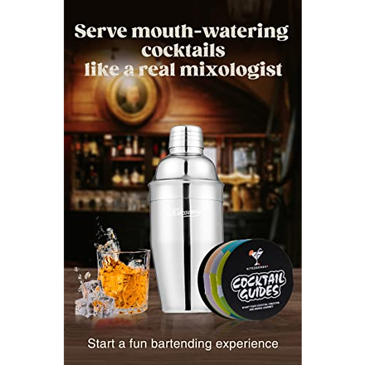 KITESSENSU Cocktail Shaker, 18oz Martini Shaker with Strainer, Premium 18/8 Stainless Steel Cobbler Drink Shaker, Recipes Booklet Included