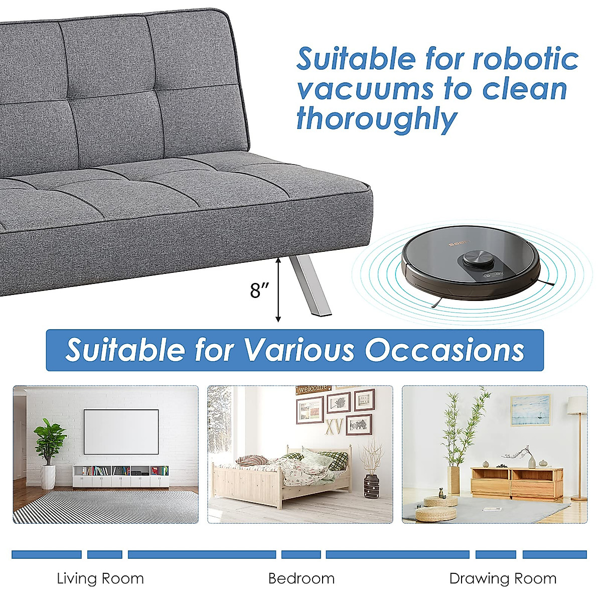 POWERSTONE Convertible Futon Sofa Bed Linen Small Couch Fabric Folding Sleeper Sofa for Living Room Furniture Set with Chrome Legs Gray