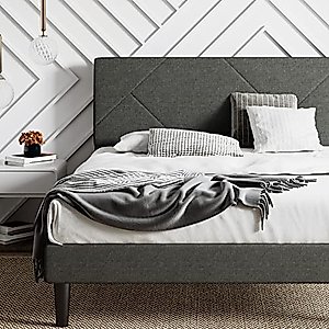 IMUsee Full Size Bed Frame, Upholstered Bed Frame with Geometric Headboard, Heavy Duty Mattress Foundation with Wooden Slats, Easy Assembly, Dark Grey
