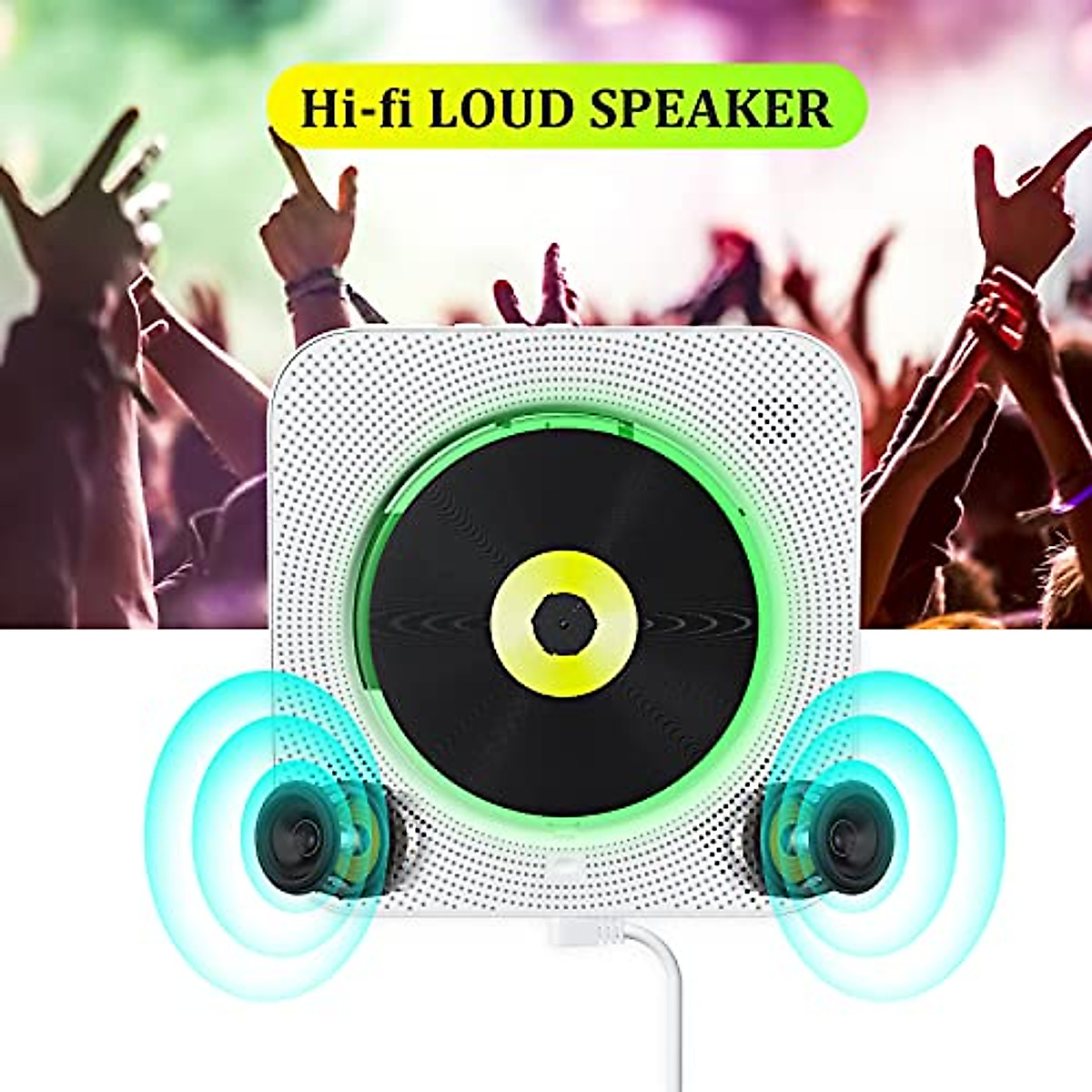 KOVCDVI Portable CD Player with Bluetooth Background Lights Wall Mountable Built-in Speakers CD Players for Home Headphone Jack with Remote Control FM Radio USB TF Card MP3 AUX Input Output