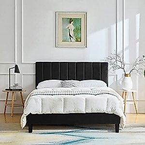 Queen Platform Bed Frame Black Velvet Upholstered Bed Frame with Vertical Geometric Adjustable Headboard,Wooden Slats Support,No Box Spring Needed,Mattress Foundation,Easy Assembly,Noise Free Design