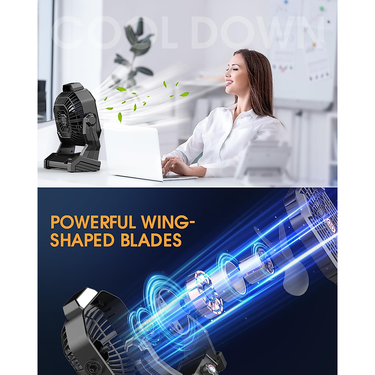 10400mAh Solar Fan, Camping Fan with Solar Panel, 7W 9-Inch Rechargeable Battery Operated Fan for Outside, LED Lantern, Stepless Speed and Quiet Battery Powered Solar Tent Fan for Tent,Outdoor, Office