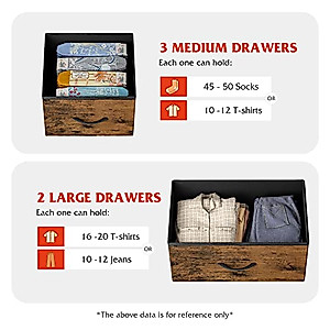 WLIVE Dresser for Bedroom with 5 Drawers, Wide Chest of Drawers, Fabric Dresser, Storage Organizer Unit with Fabric Bins for Closet, Living Room, Hallway, Nursery, Rustic Brown Wood Grain Print