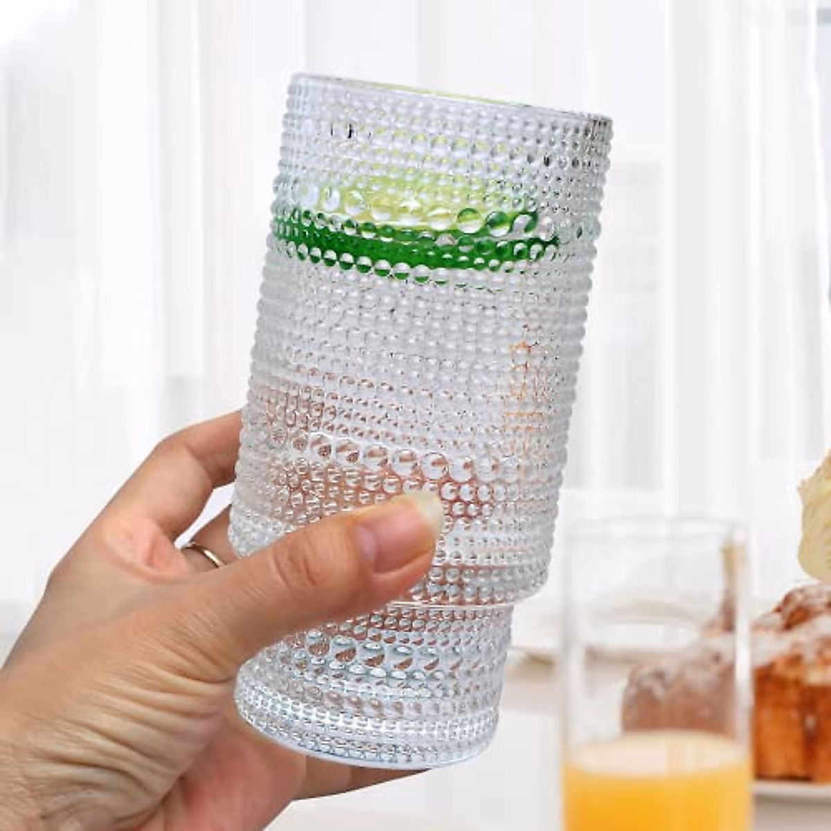 QAPPDA Vintage Tall Drinking Glasses Set of 12,10oz Hobnail Highball Glasses,Romantic Embossed Cocktail Glasses Glass Coffee Glassware Set for Water,Juice,Soda