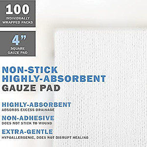 EVERLIT [Extra-Thick] 4''x4'' Sterile Gauze Pad 12-Ply, 100 Pack, Individual Wrapped, Ultra Absorbent Large Non-Woven Medical Gauze Sponges for Wound Care Home First Aid Kit
