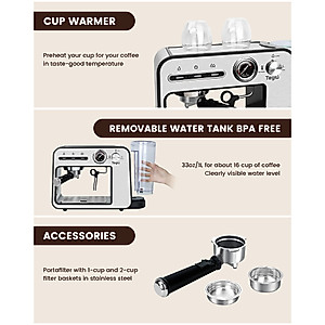 Teglu Espresso Machine 20 Bar with Milk Frother, Semi-Automatic Latte & Cappuccino Coffee Maker Duo-cup 33oz/1L Removable Water Tank for Home/Office, 1450W, ST-693B, Stainless Steel-Black