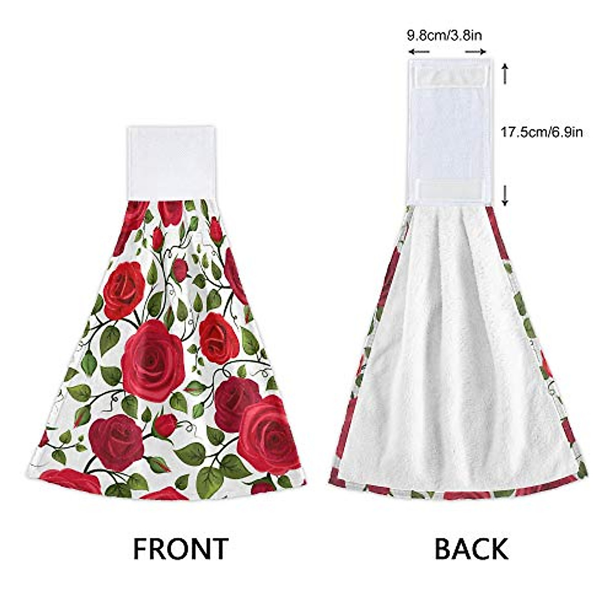 YYZZH Red Rose Flower with Green Leaf Floral Print Valentines Day Design Kitchen Hand Towels with Hook & Loop Set of 2 Absorbent Bath Hand Towel Hanging Tie Towel