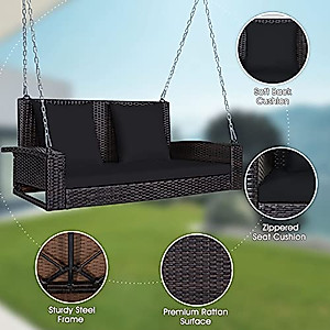 Tangkula 2-Person Wicker Hanging Porch Swing, Patiojoy Outdoor Rattan Swing Bench W/ 2 Back Cushions & 1 Seat Cushion, Sturdy Steel Chain, 800lbs Weight Capacity, Suitable for Deck, Backyard, Garden
