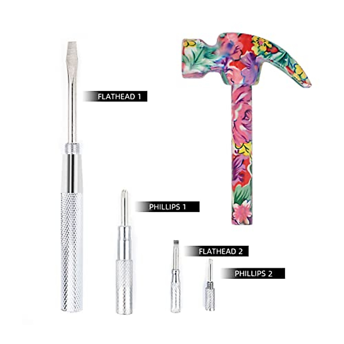 YOUMI 6 in 1 Multifunctional Floral Hammer & Screwdriver Tool Set Claw Hammer with Slotted/Flat Head Phillips Screwdriver Nail Puller Best Christmas Thanksgiving Halloween Gift for Her(Pink)