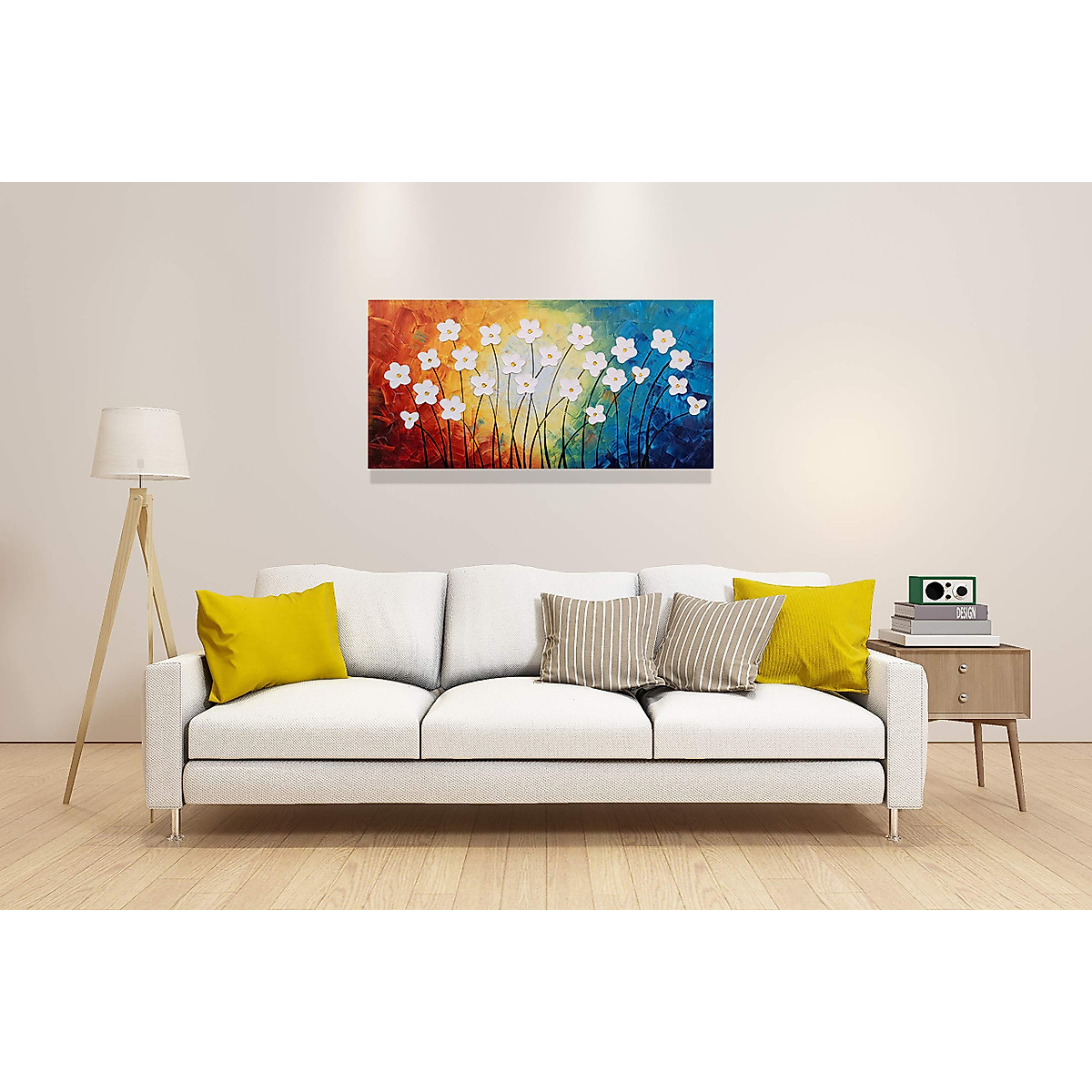 Yihui Arts Flower Pictures Wall Decor Hand Painted 3D Light Blue Yellow Red and White Canvas Oil Paintings Modern Big Horizontal Artwork for Living Room Bedroom Nursery Decoration