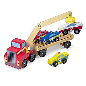 Melissa & Doug Magnetic Car Loader Wooden Toy Set With 4 Cars and 1 Semi-Trailer Truck - Crane Wooden Toy, Vehicle Toys For Kids Ages 3+