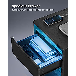 VASAGLE Nightstand with Charging Station, Side End Adjustable LED Lights, Bedside Table with Drawer 2 AC Outlets, 2 USB Ports, Modern, for Bedroom, 13.7" D x 15.7" W x 21.7" H, Black