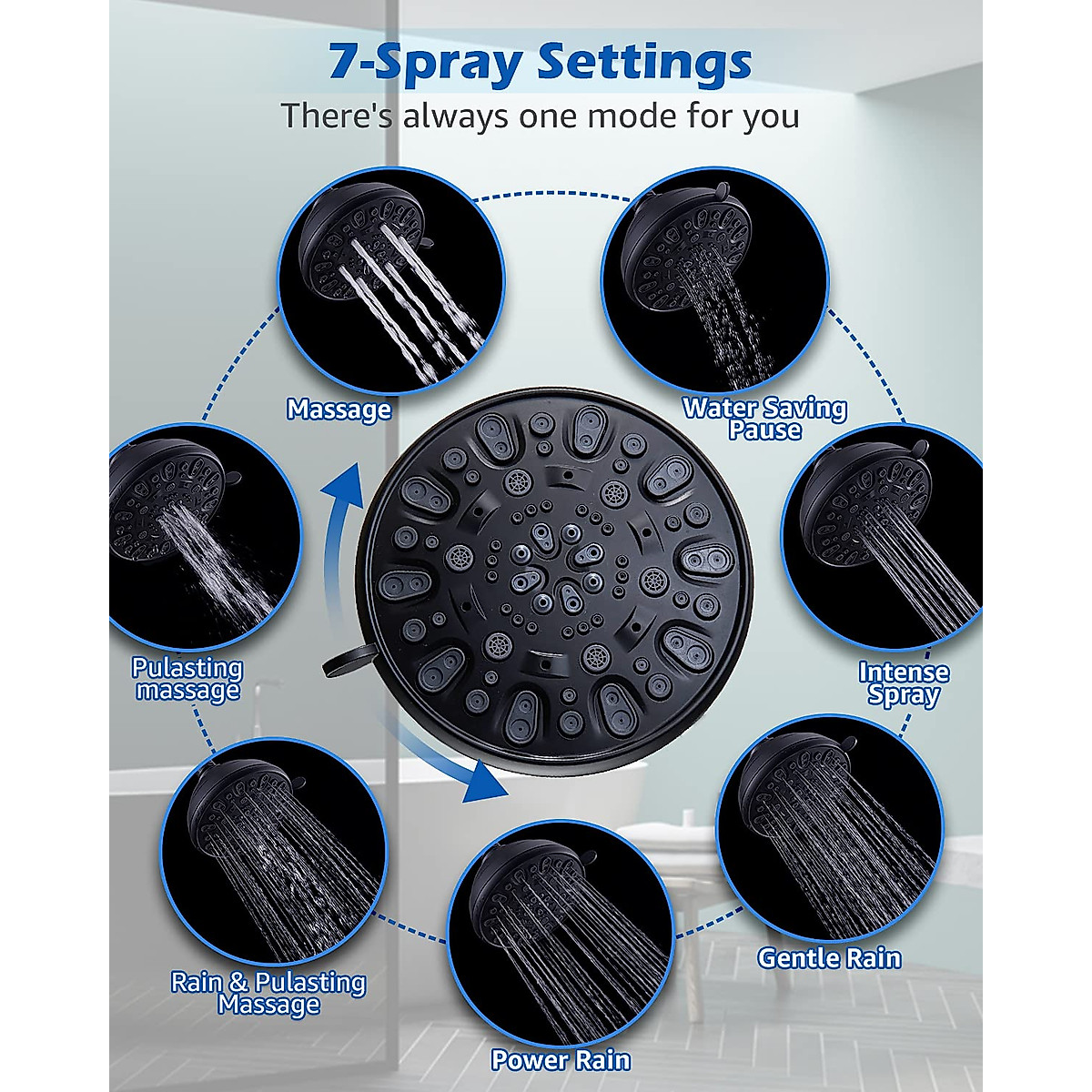 High Pressure Shower Head VMASSTONE 4.7" Rain Fixed Showerhead 7-Spray Setting with Adjustable Brass Swivel Ball Joint - Excellent Replacement for Your Bath Shower Head (FM-001 Matte Black)