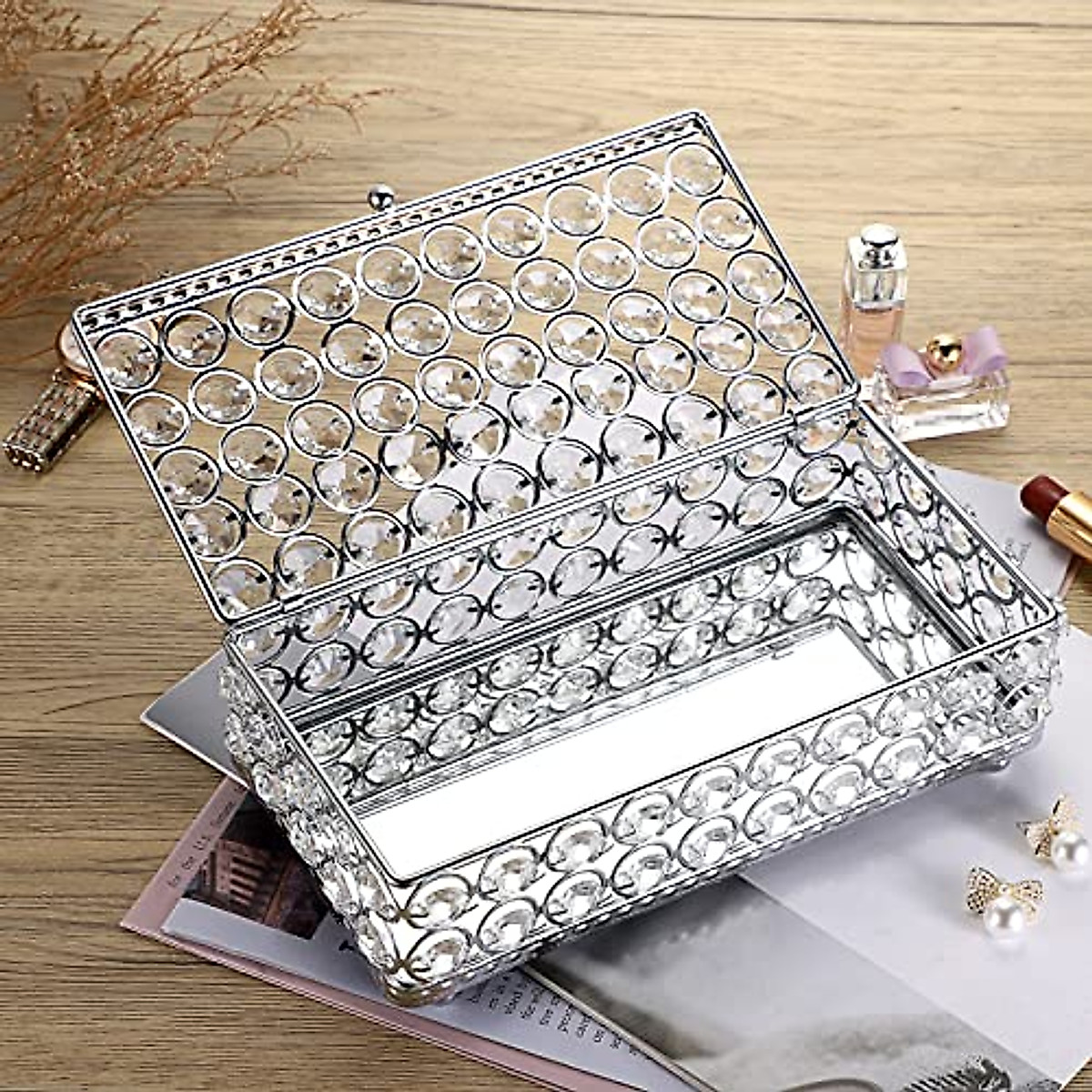 ELLDOO Crystal Jewelry Box Rectangle Trinket Organizer Earrings Rings Box Treasure Box Storage Home Decor Accent Decorative Box with Lid for Valentine Wedding Christmas Birthday Gift, Silver