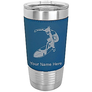 LaserGram 20oz Vacuum Insulated Tumbler Mug, Surfer Man, Personalized Engraving Included (Faux Leather, Blue)