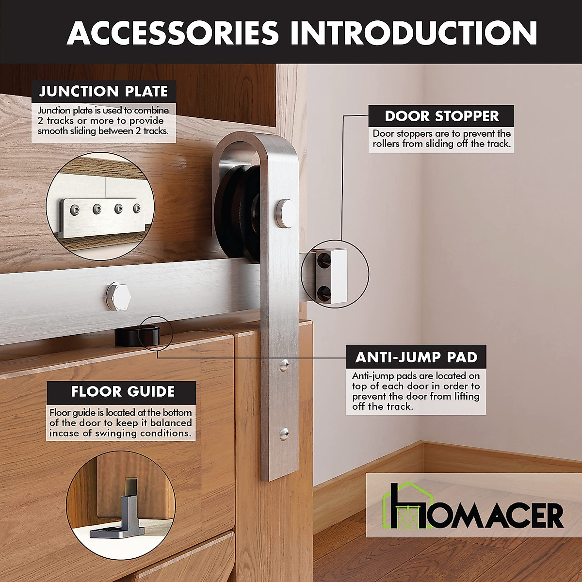 Homacer Mini Brushed Nickel Non-Bypass Sliding Barn Door Hardware Kit, for Two/Double Doors, 60-inch Long Flat Track, Classic Design Roller, Cabinet TV Stand Console Use…