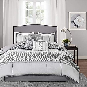 Madison Park Luxury Comforter Set-Traditional Jacquard Design All Season Down Alternative Bedding, Matching Bedskirt, Decorative Pillows, King(104"x92"), Bennett, Geometric Grey, 7 Piece
