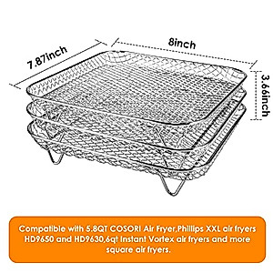 kydely Air Fryer Rack compatible with Instant Vortex,Philips,COSORI Air Fryer,8‘’ Square Three Stackable Racks,Stainless Steel Multi-Layer Dehydrator Rack Fit all 4.2QT-5.8QT Air fryer Accessories