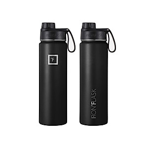 IRON °FLASK Camping & Hiking Hydration Flask with 3 Lids - Stainless Steel, Double Walled & Vacuum Insulated Water Bottle - Leak Proof & BPA Free (Midnight Black, Spout - 22 oz)