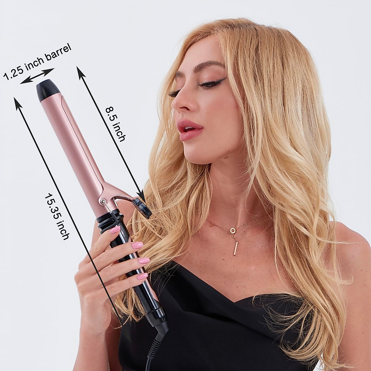 Lanvier 1.25 Inch Clipped Curling Iron with Extra Long Tourmaline Ceramic Barrel, Professional Hair Curler up to 450°F Dual Voltage for Traveling, Hair Waving Style Tool for Girls & Women-Rose Gold