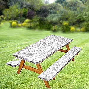 Vinyl Picnic Tablecloths and Bench Covers, Waterproof Wipeable Picnic Table and Bench Seat Covers with Elastic Edges for Outdoor Patio Park, Gray Flower Flannel Backed Lining, 72 Inch 3 Piece Set