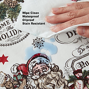 Newbridge Vintage Nostalgia Home for Holidays Print Flannel Back Vinyl Christmas Tablecloth - Vintage Santa Claus, Snowman and Sleigh Xmas Wipe Clean Easy Care Tablecloth, 52" x 52" Square