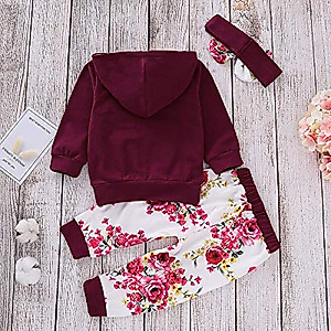Camidy 1-5T Baby Girls Toddler Floral Hoodies Hooded Tops + Pants + Headband 3Pcs Outfits Clothes Set Purplish Red