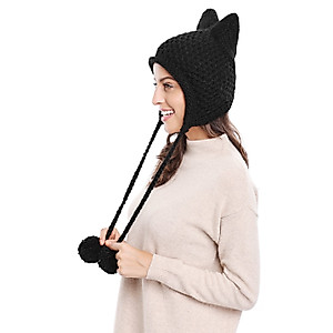 Bellady Winter Cute Cat Ears Knit Hat Ear Flap Crochet Beanie Hat, Black