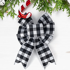 19.6 Yard 2.5 inch Wide Buffalo Plaid Ribbons Wired Edges, 2 Rolls Black and White Checkered Ribbon for Christmas Tree Gift Decorations