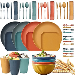 Wheat Straw Dinnerware Sets (48Pcs) Reusable Dishware Sets with Plates, Cups, Knives, Forks and Spoons,Lightweight Camping Dishes,Dishwasher Microwave Safe,for Camping Kitchen Picnic College Dorm