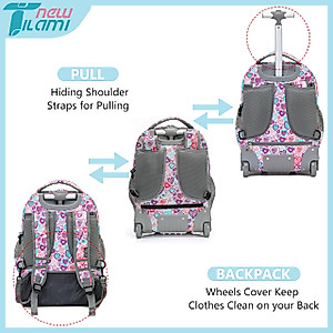 NEW TILAMI Rolling Backpack 18 Inch, Boys Girls Cute Wheeled Laptop Boys Girls Travel School Student Trip Bag, Pink Love