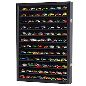 Hot Toy Cars Wheels Matchbox Model Cars Hot Display Case Cabinet UV Protection 1/64-1/43 Scale (Black Finish) 26.5 X 18.75 X 3.25 Inches