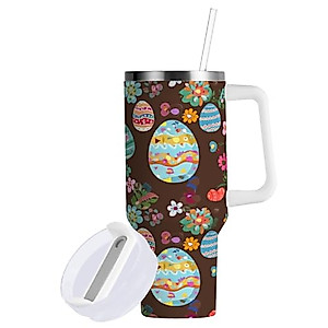 RPLIFE Cute Easter Bunnies Brown 40oz Tumbler with Handle, Stainless Steel Water Bottle with Straw, Travel Coffee Tumbler