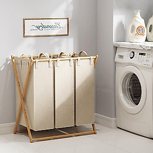 Lifewit 150L Large Laundry Hamper 3 Section, Collapsible Bamboo X-Frame Laundry Basket Sorter, Clothes Hamper with 3 Removable Bags for Laundry Room Bedroom Bathroom, Beige