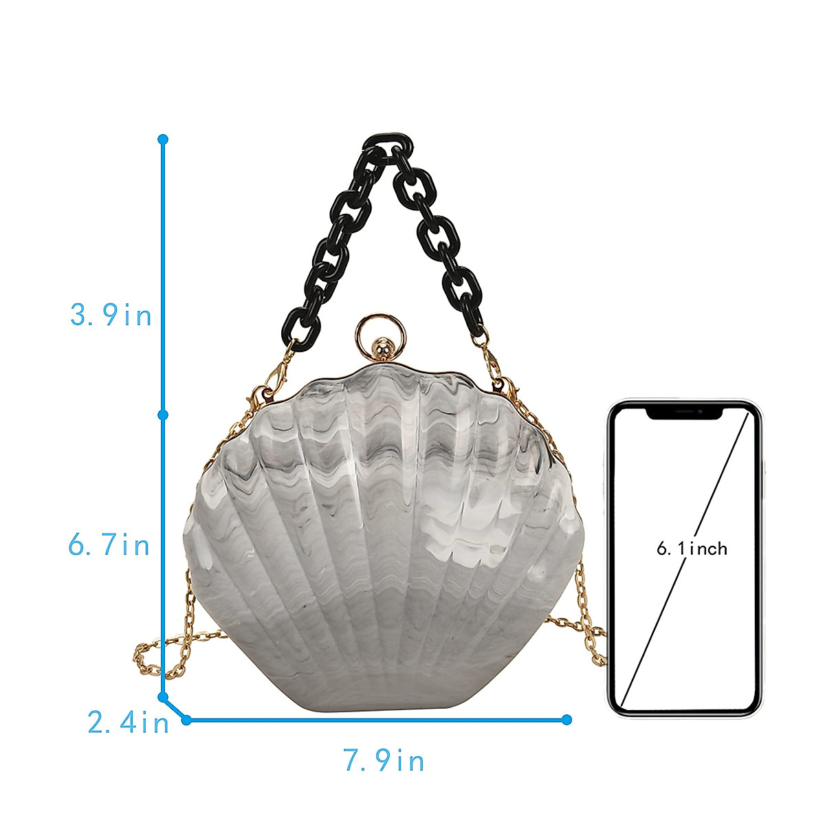 Felice Ann Women Mini Seashell Evening Clutch Handbag Top-Handle Bag Chain Strap Cross-body Shoulder Bag Print Grey