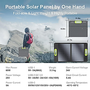 CTECHi 60W Foldable Solar Panel, Portable Solar Charger Kit, IP67 Waterproof for Portable Power Station Generator, Off-Grid Power, Outdoor Camping Van RV Trip and Emergency