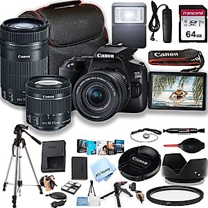 Canon EOS 250D / Rebel SL3 DSLR Camera w/EF-S 18-55mm F/4-5.6 STM Zoom Lens + 55-250mm f/4-5.6 is STM Lens + 64GB Memory, Case, Tripod, Flash, Remote, and More (34pc Bundle) (Renewed)