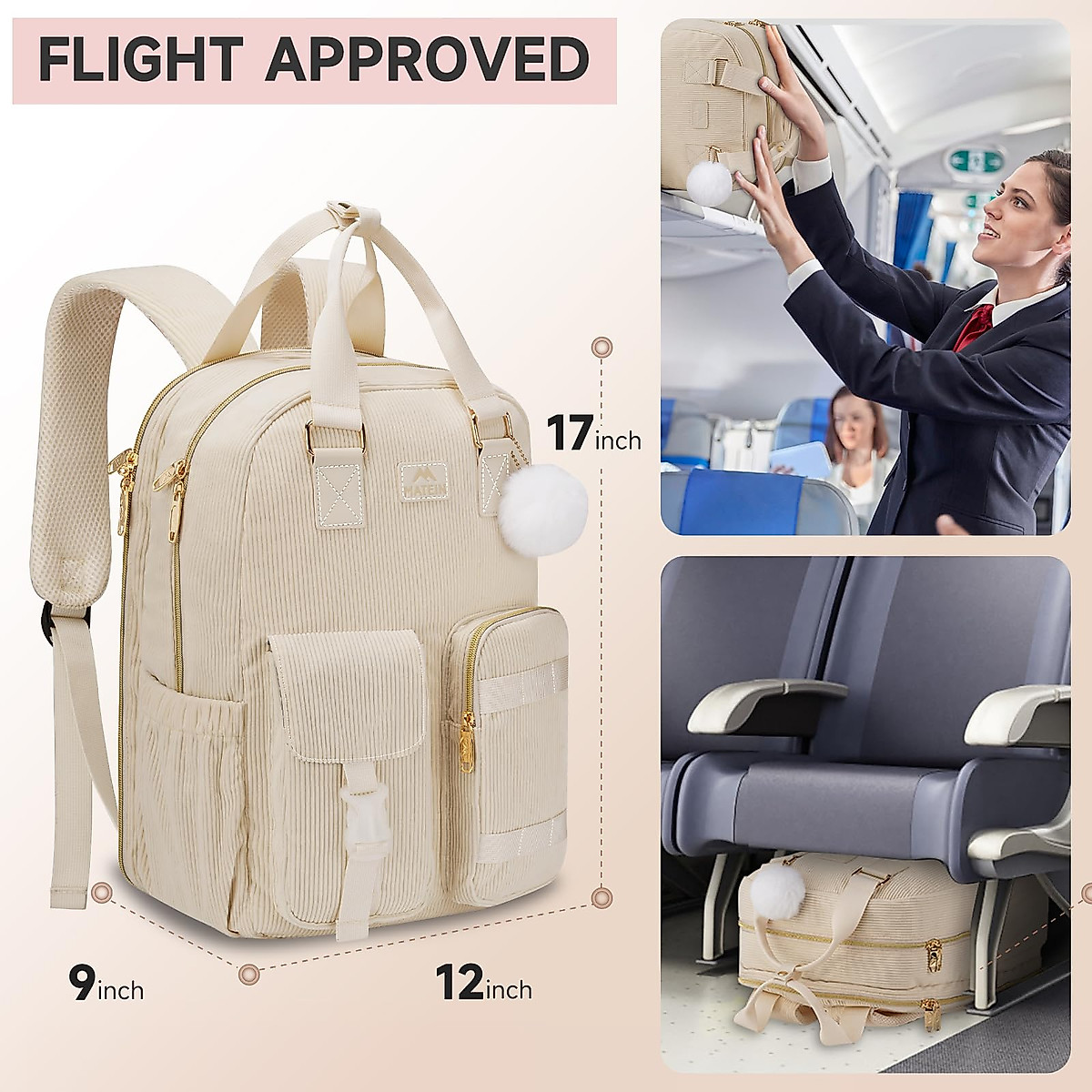 MATEIN Backpack for Women, Cute Corduroy Computer Bag with USB Port, TSA Lightweight Soft Travel Backpack Aesthetic, Laptop Bag 3 in 1 Convertible 15.6 Inch Laptop Briefcase Backpack with Bow