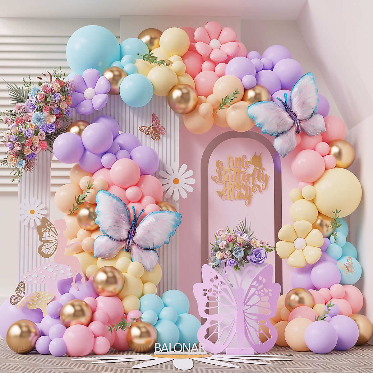 Daisy Butterfly Balloon Garland Arch Kit with Pastel Macarone Pink Blue Yellow Purple Gold Latex Balloons for Birthday Party Wedding Decorations (Macarone)
