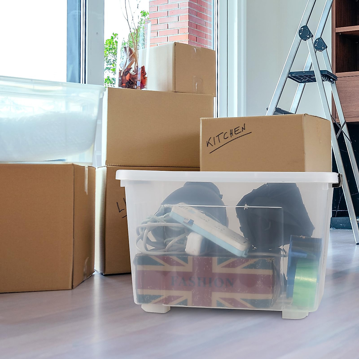 Ewingger 50 L Plastic Lidded Storage Bin, 4 Pack Clear Latching Storage Box with Wheels