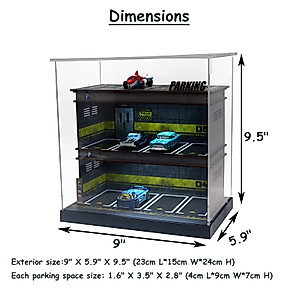 Hot Diecast Wheels Display Case - 1/64 Scale Die-cast Model Car Display Case with LED Light and Acrylic Cover, Wooden Parking Garage in 3 Floors with 10 Parking Spaces (D5)