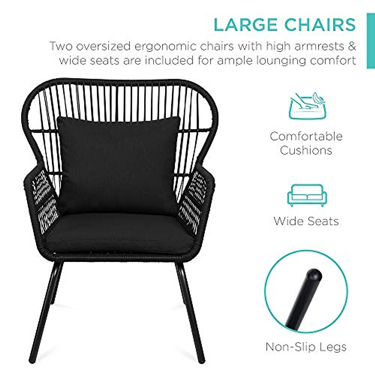 Best Choice Products 3-Piece Patio Conversation Bistro Set, Outdoor All-Weather Wicker Furniture for Porch, Backyard w/ 2 Wide Ergonomic Chairs, Cushions, Glass Top Side Table - Black