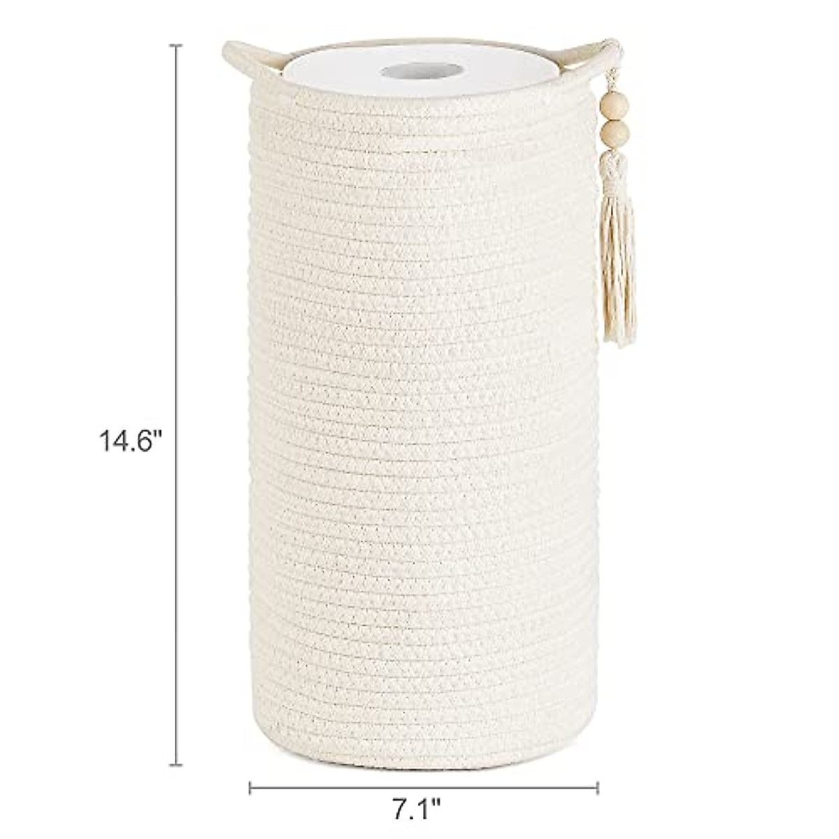 Mkono Woven Toilet Paper Holder Boho Basket for Toilet Paper Storage, Bathroom Decor Toilet Roll Holder Stand with Wooden Beads for 3 Spare Rolls, Cotton Rope Toilet Paper Organizer Basket with Handle
