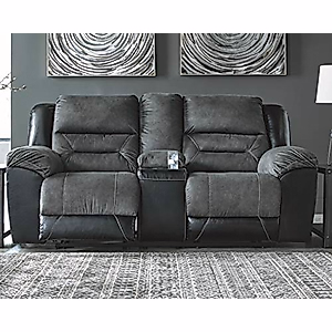 Signature Design by Ashley Earhart Faux Leather Manual Double Reclining Loveseat with Storage Console, Gray & Black