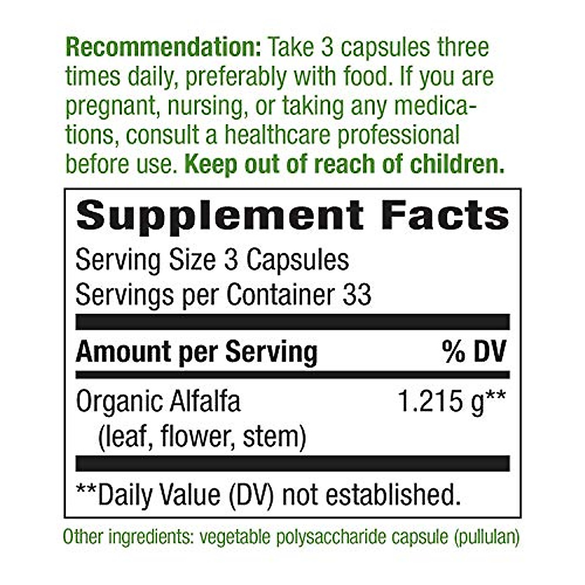 Nature's Way Premium Formula Organic Alfalfa Young Harvest 1215 mg per serving 100 Vcaps